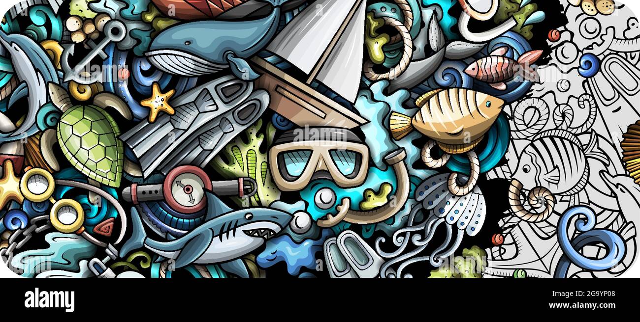 Diving hand drawn doodle banner. Cartoon vector detailed flyer Stock ...