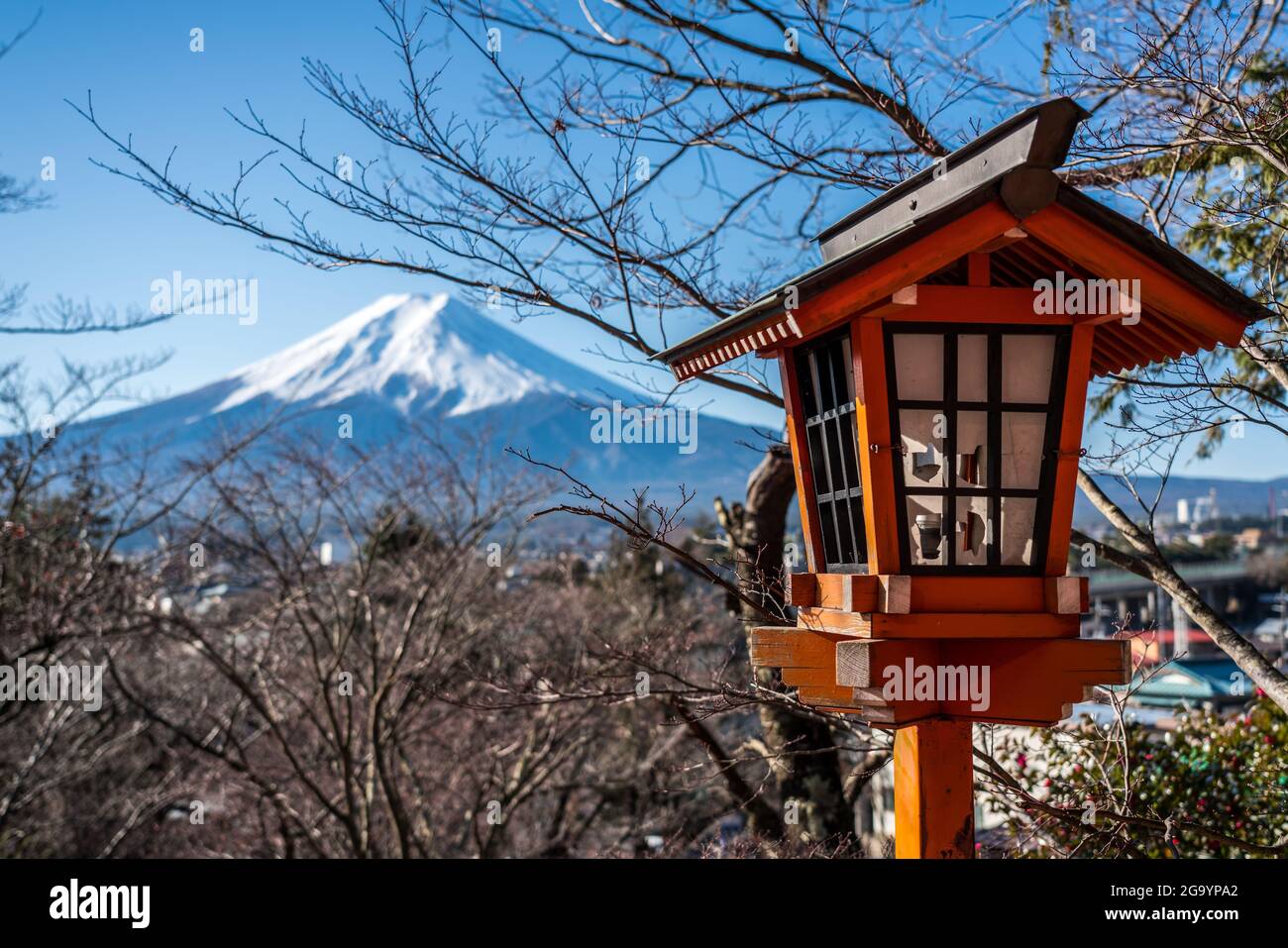 Mt Fuji View with a Red Toro Japanese Wooden Lantern in Arakurayama ...