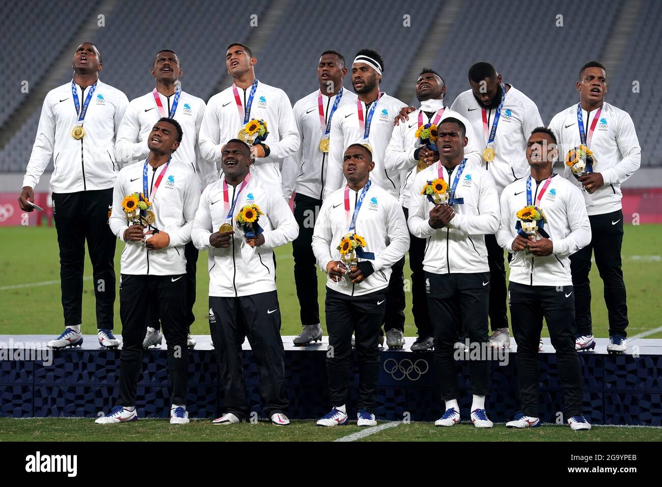 Fiji players celebrates with the gold medals after the Men's Rugby ...