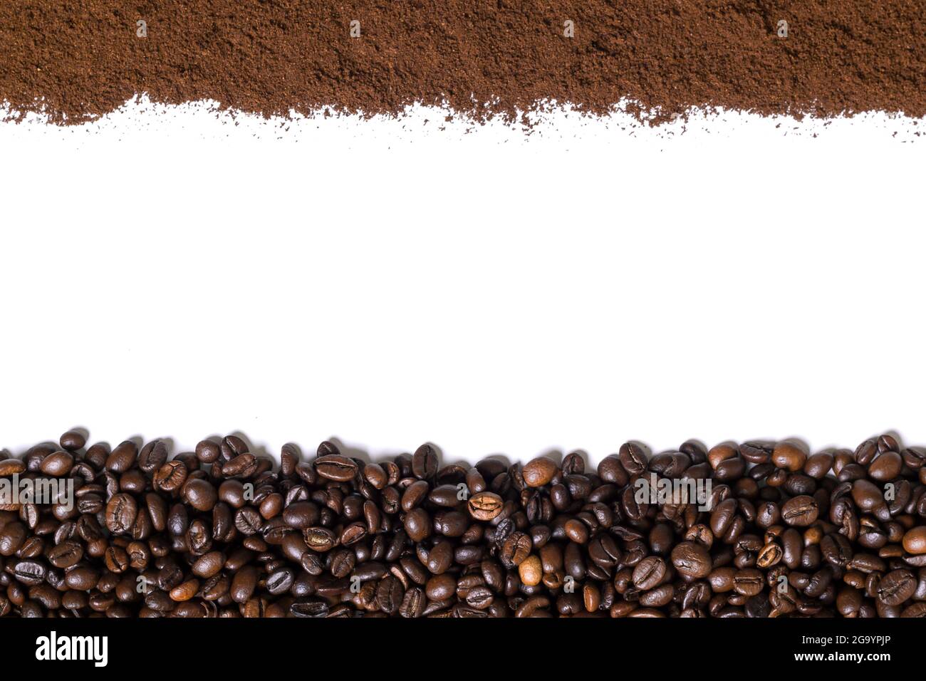 White background with coffee beans and ground coffee on the side Stock ...