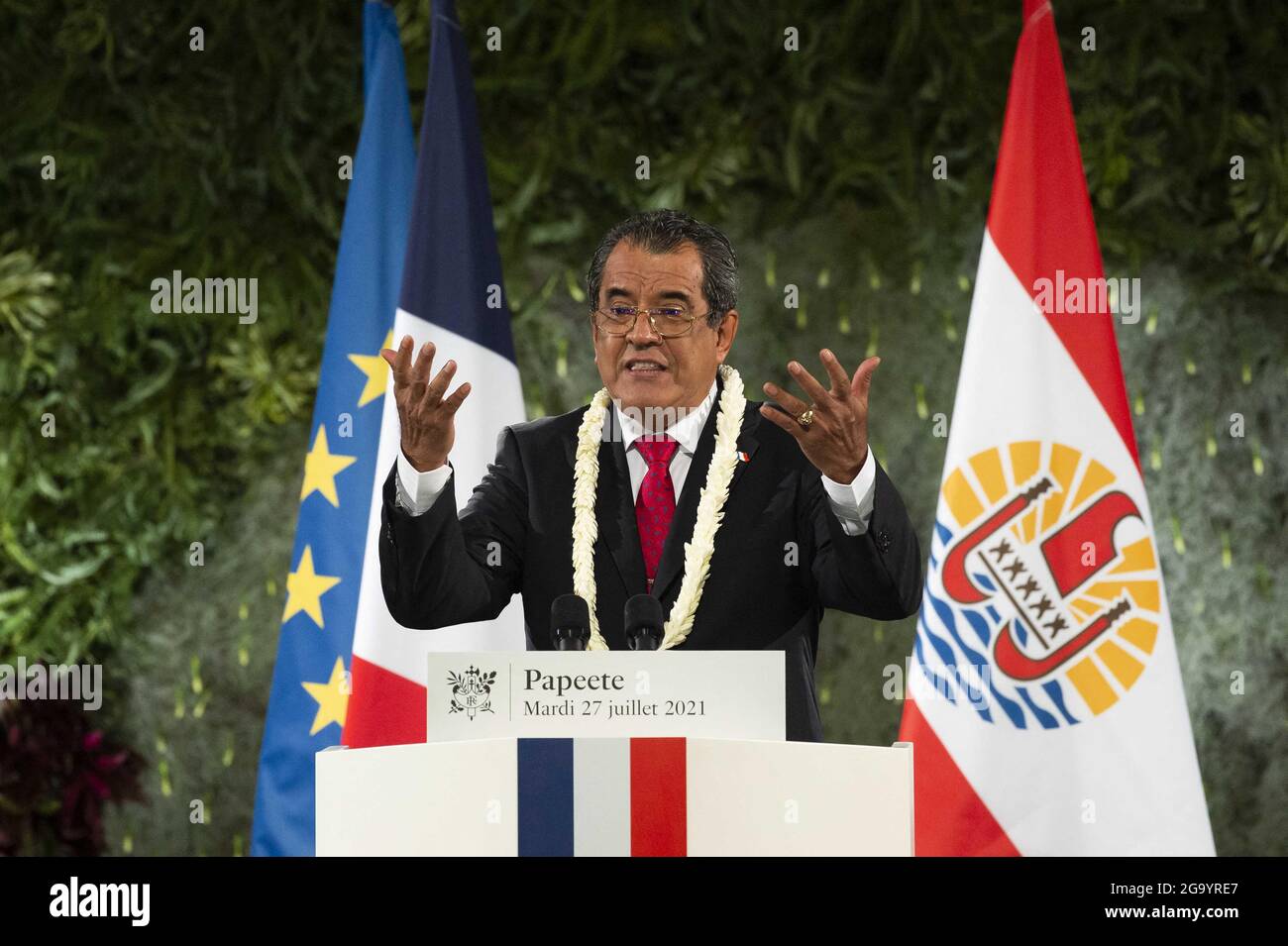 French Polynesia, July 27, 2021. France's President Emmanuel Macron and ...