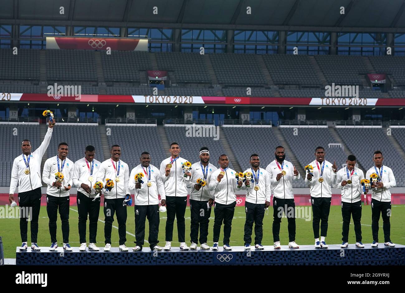 Fiji players celebrates with the gold medals after the Men's Rugby ...
