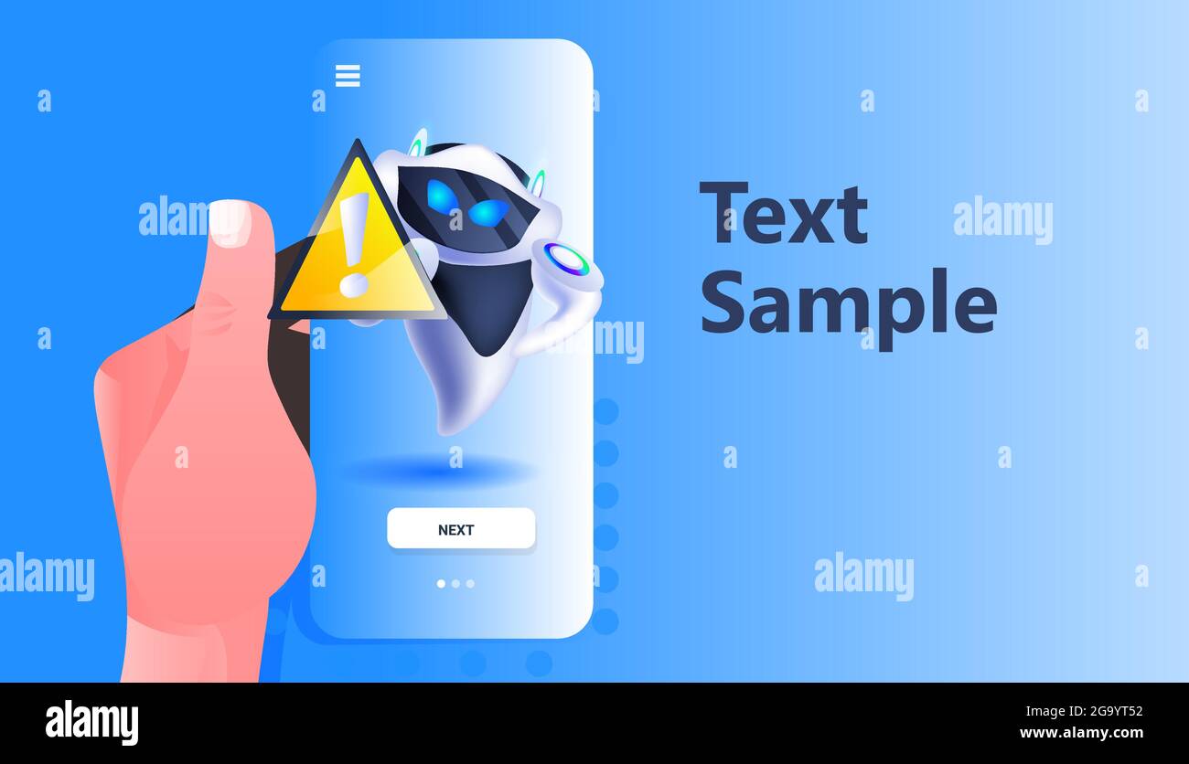 modern robot with yellow triangle sign with exclamation mark running ...