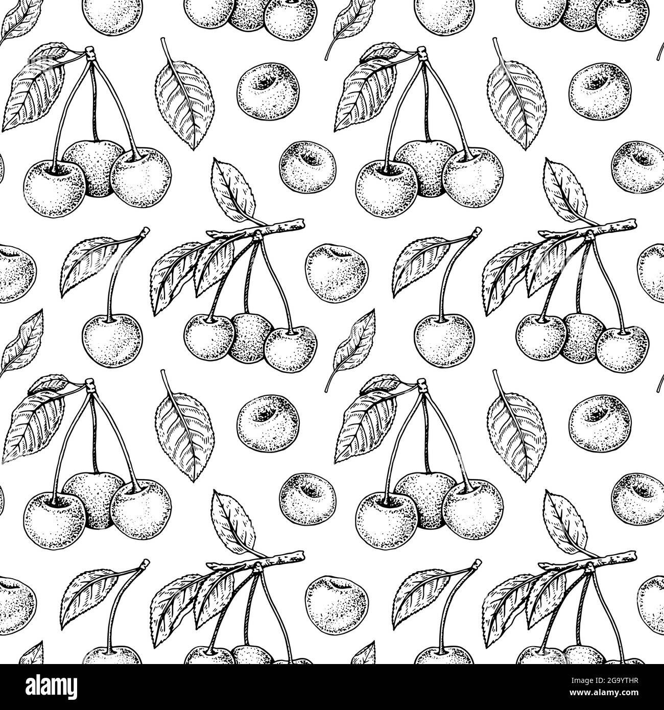 Hand drawn cherry seamless pattern. Vector illustration in sketch style ...