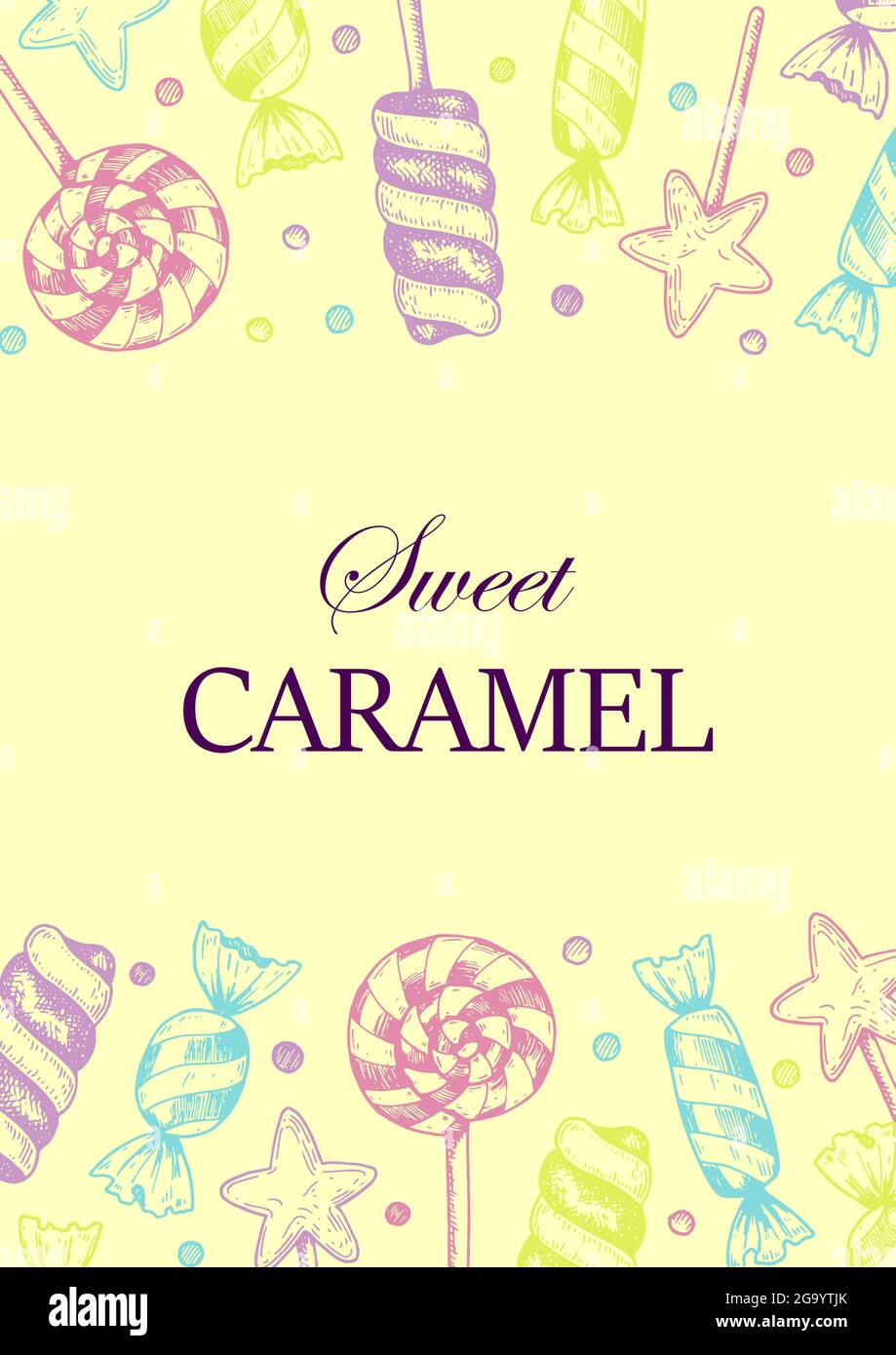 Hand drawn Candy shop vertical design. Vector illustration in sketch ...