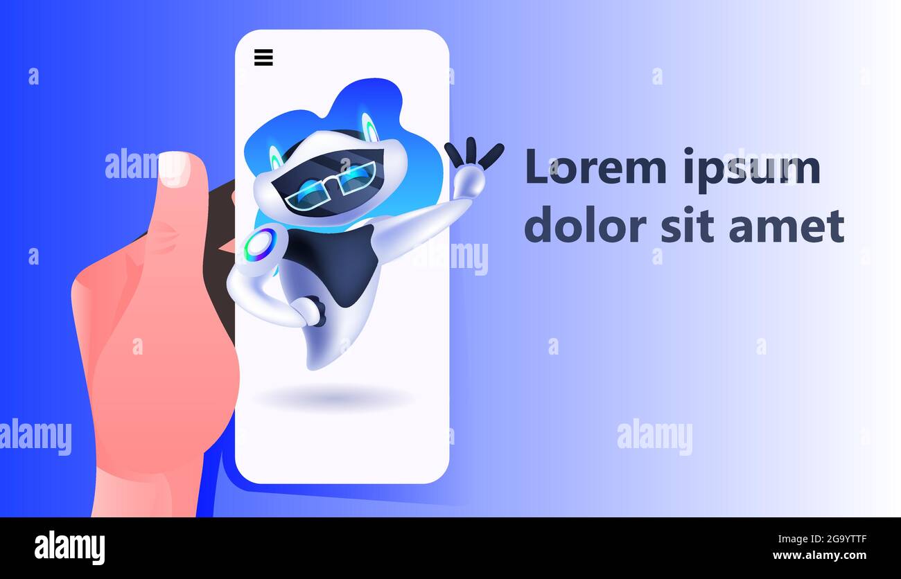 cute robot cyborg on smartphone screen modern robotic character ...