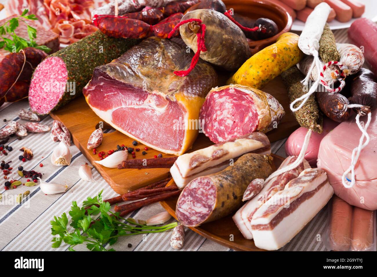 Variety of meats on table Stock Photo - Alamy