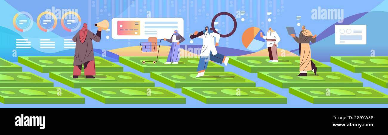 mix race people standing on money banknotes shopping digital marketing ...