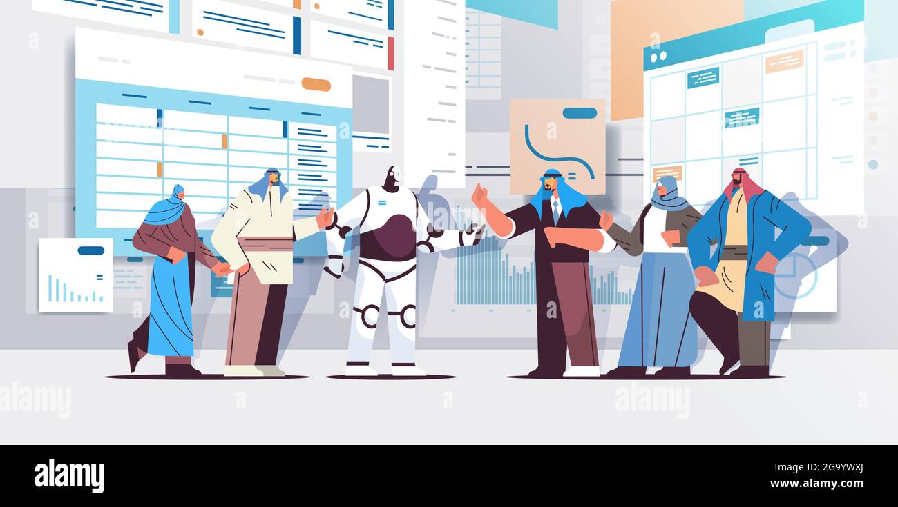 robot with arab businesspeople analyzing statistics graphs and charts ... robot with arab businesspeople analyzing statistics graphs and charts ...