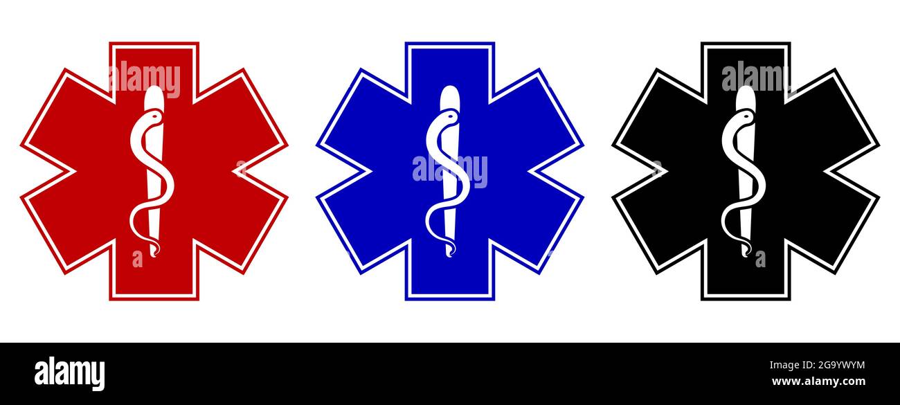 Set of medical star symbol in three color variations: red, blue and ...