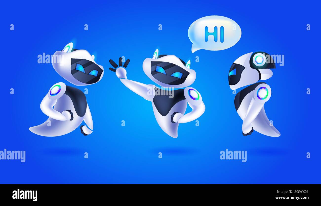 cute robots discussing during meeting chat bubble communication ...