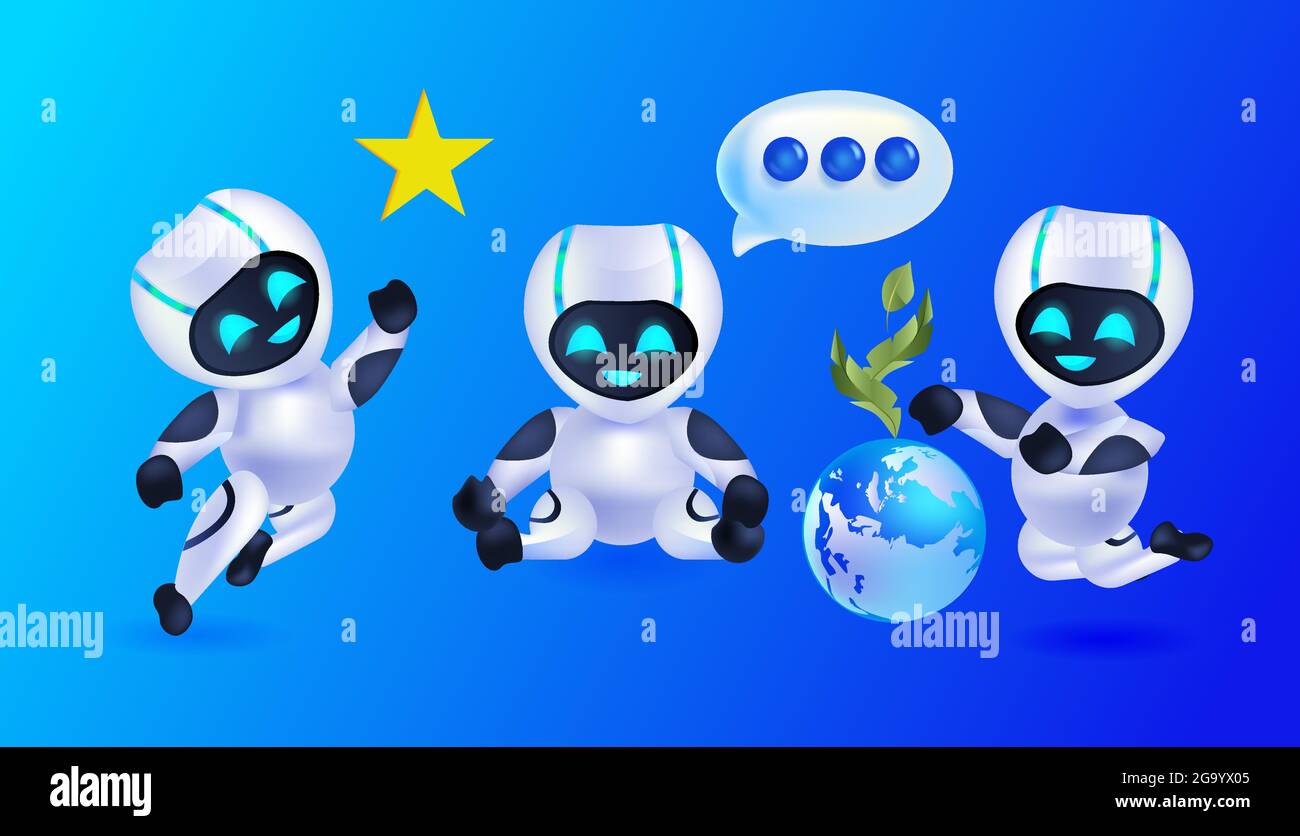 cute robots discussing during meeting modern robotic characters team ...