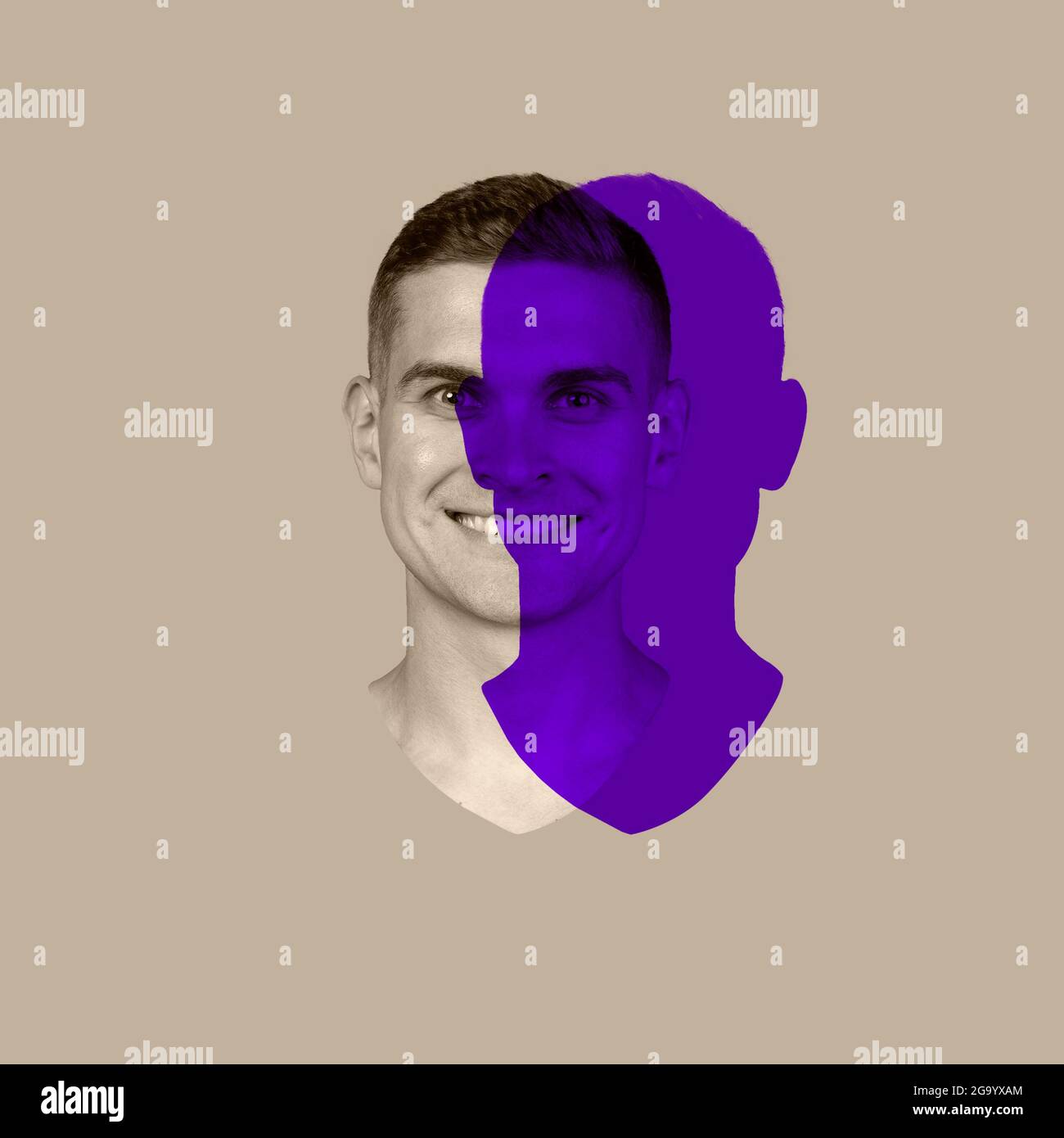 Close-up young man's face, head with colored silhouette, shadow ...