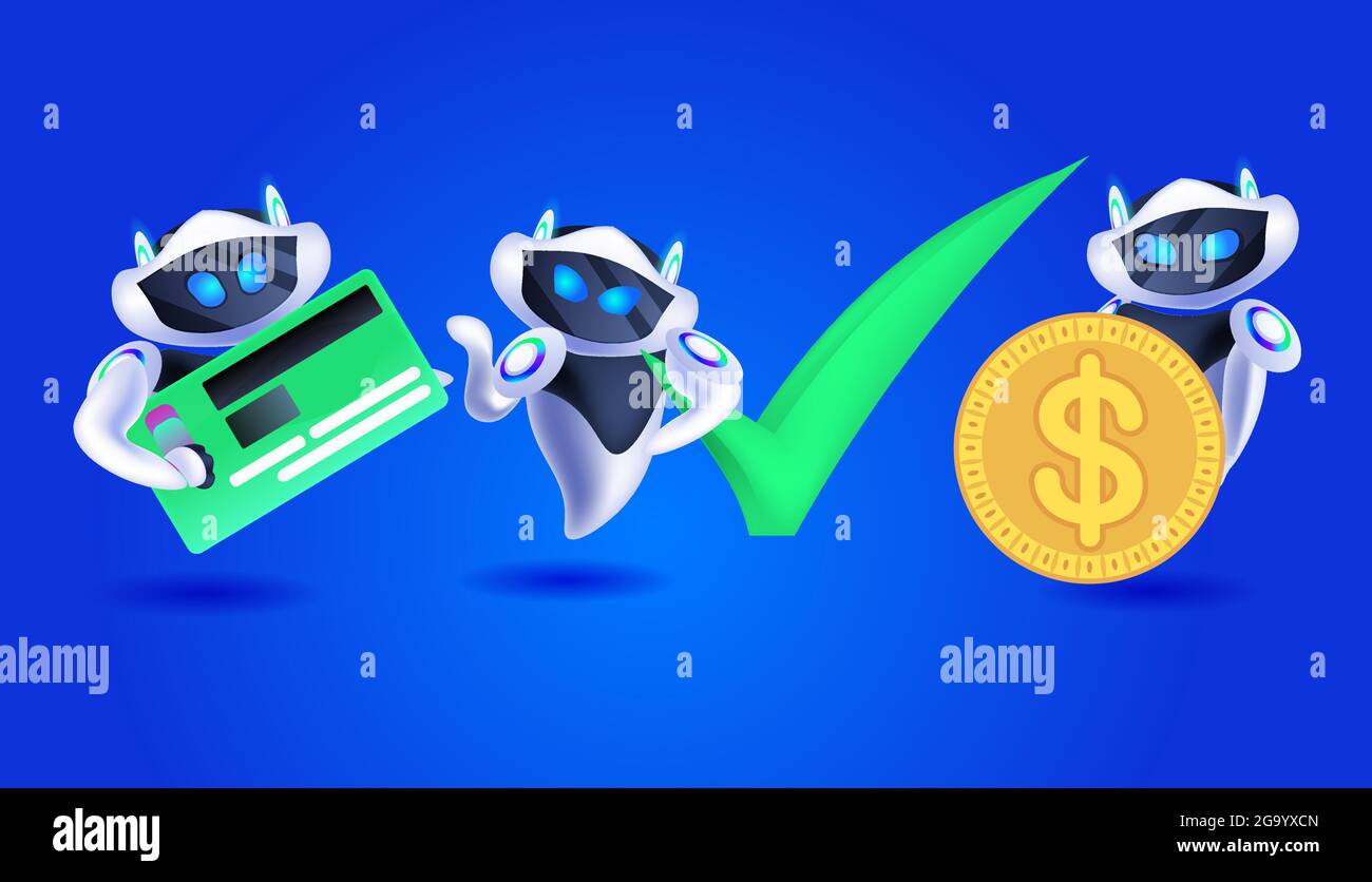 cute robots with credit card and dollar coin modern robotic characters ...