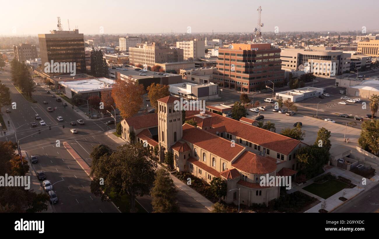Sunset aerial view of historic downtown Bakersfield, California, USA ...