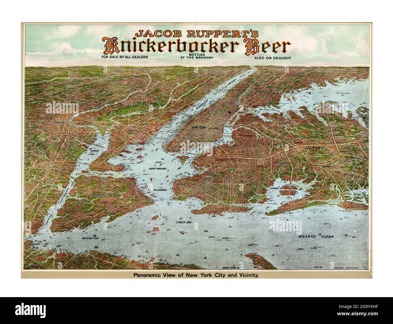 Click On Vintage Birds eye view map of New York City by Knickerbocker ...