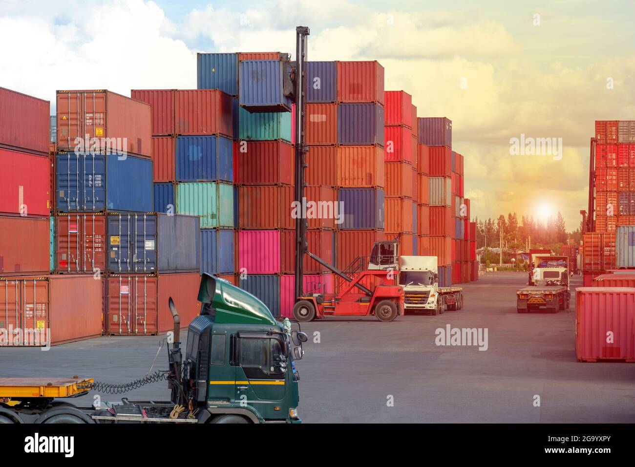 Forklift industry handling container box loading at the Docks with ...