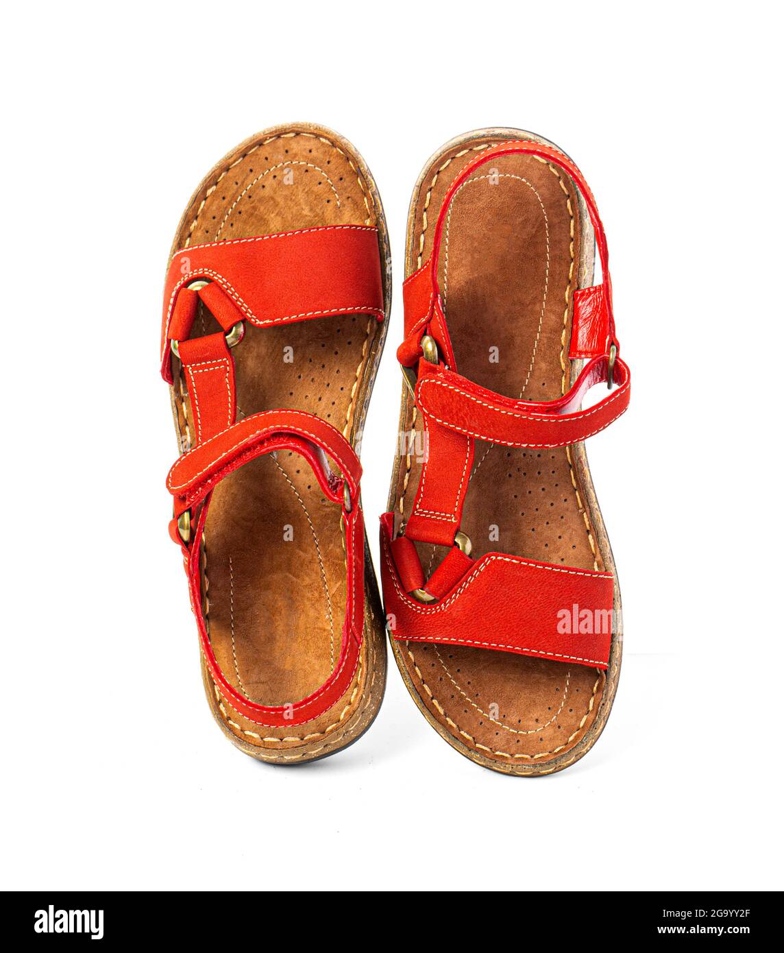 Red leather summer sandal isolated on white background Stock Photo - Alamy