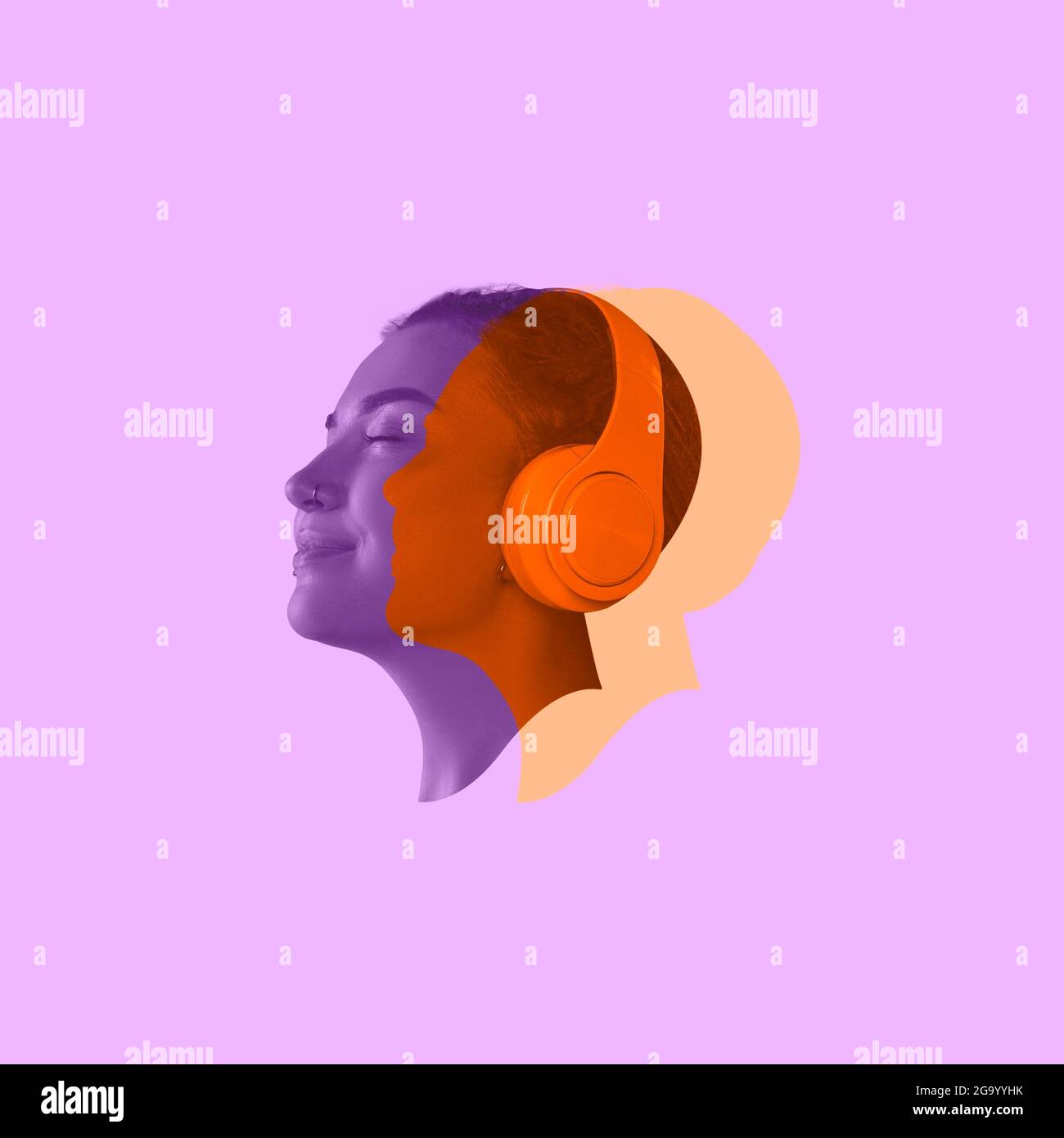 Artwork. Close-up young woman's face, head with colored silhouette ...