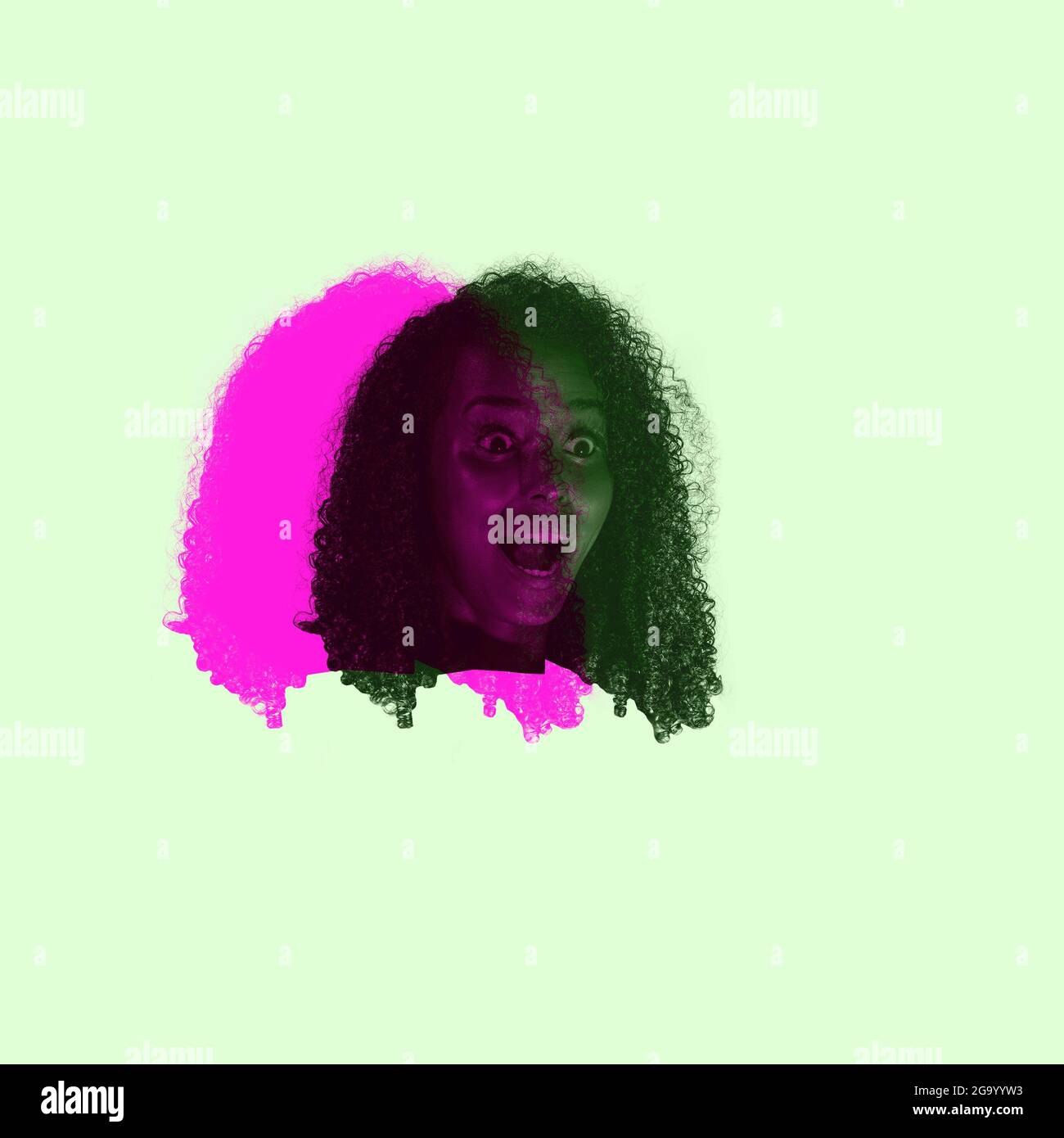 Artwork. Close-up young woman's face, head with colored silhouette ...