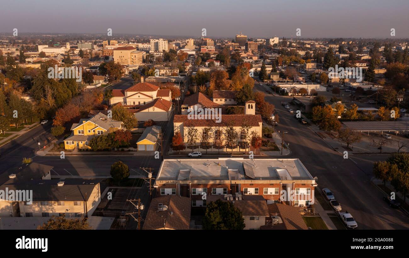 Sunset aerial view of historic downtown Bakersfield, California, USA ...