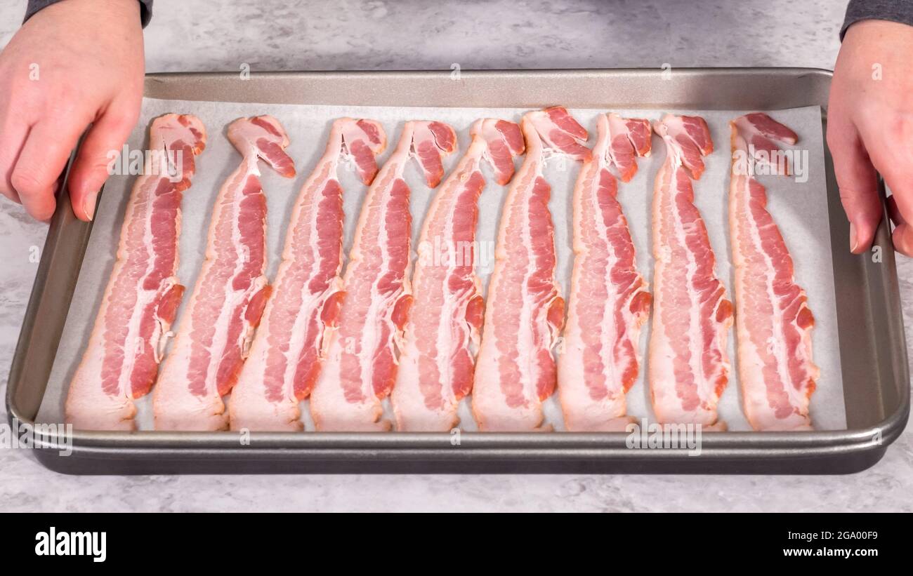 Step by step. Uncooked bacon strips on a baking sheet with white ...