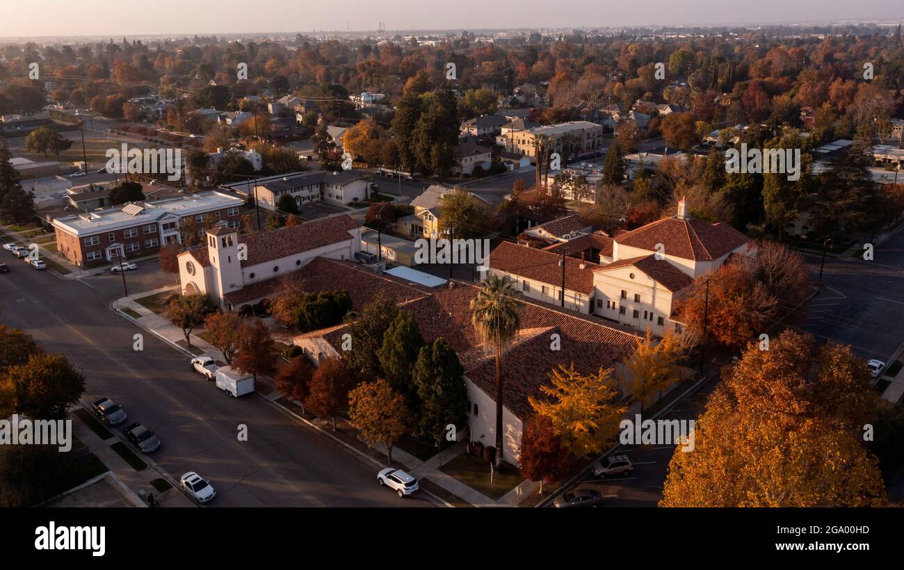 Sunset aerial view of historic downtown Bakersfield, California, USA ...