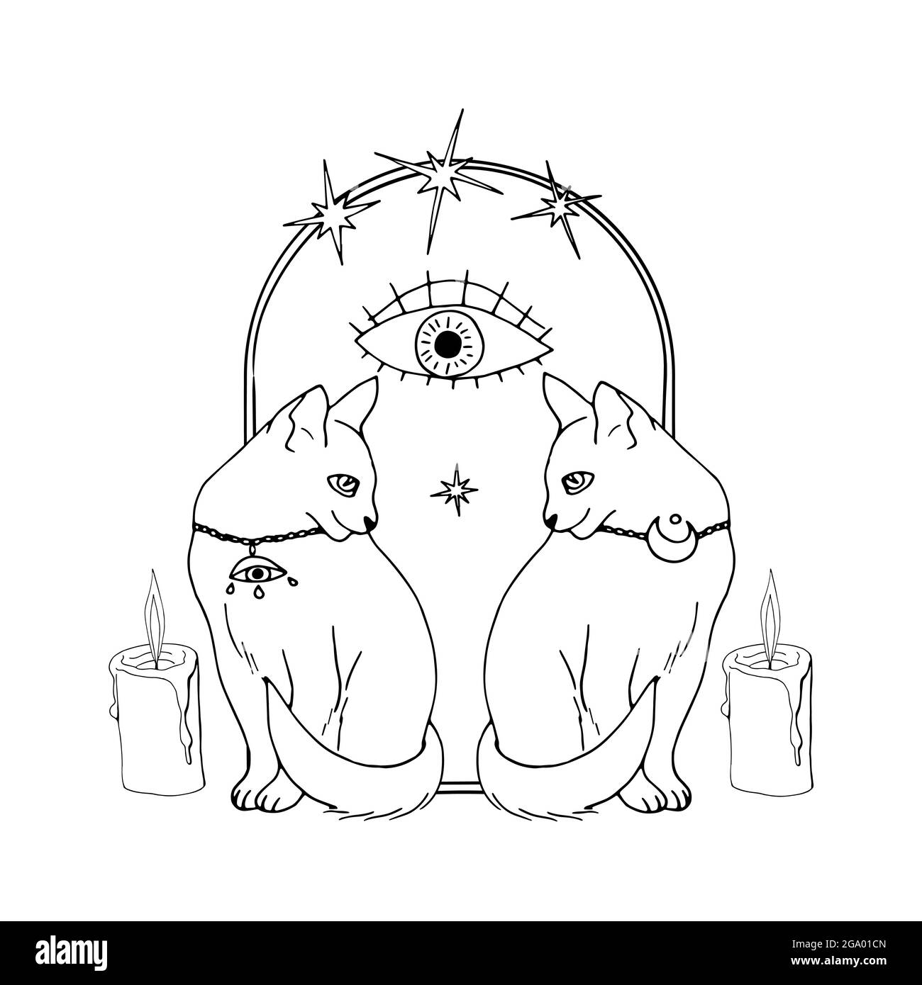 Vintage Mystic Cats and candles inside arch decorated with stars and ...