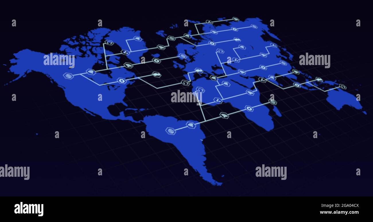 Blue world map with growing white network of connected icons on black ...