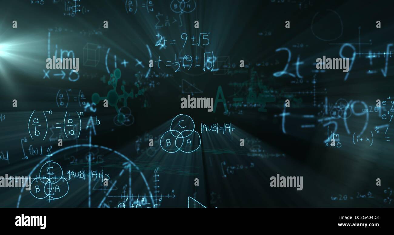 Mathematical equations floating against black background Stock Photo ...