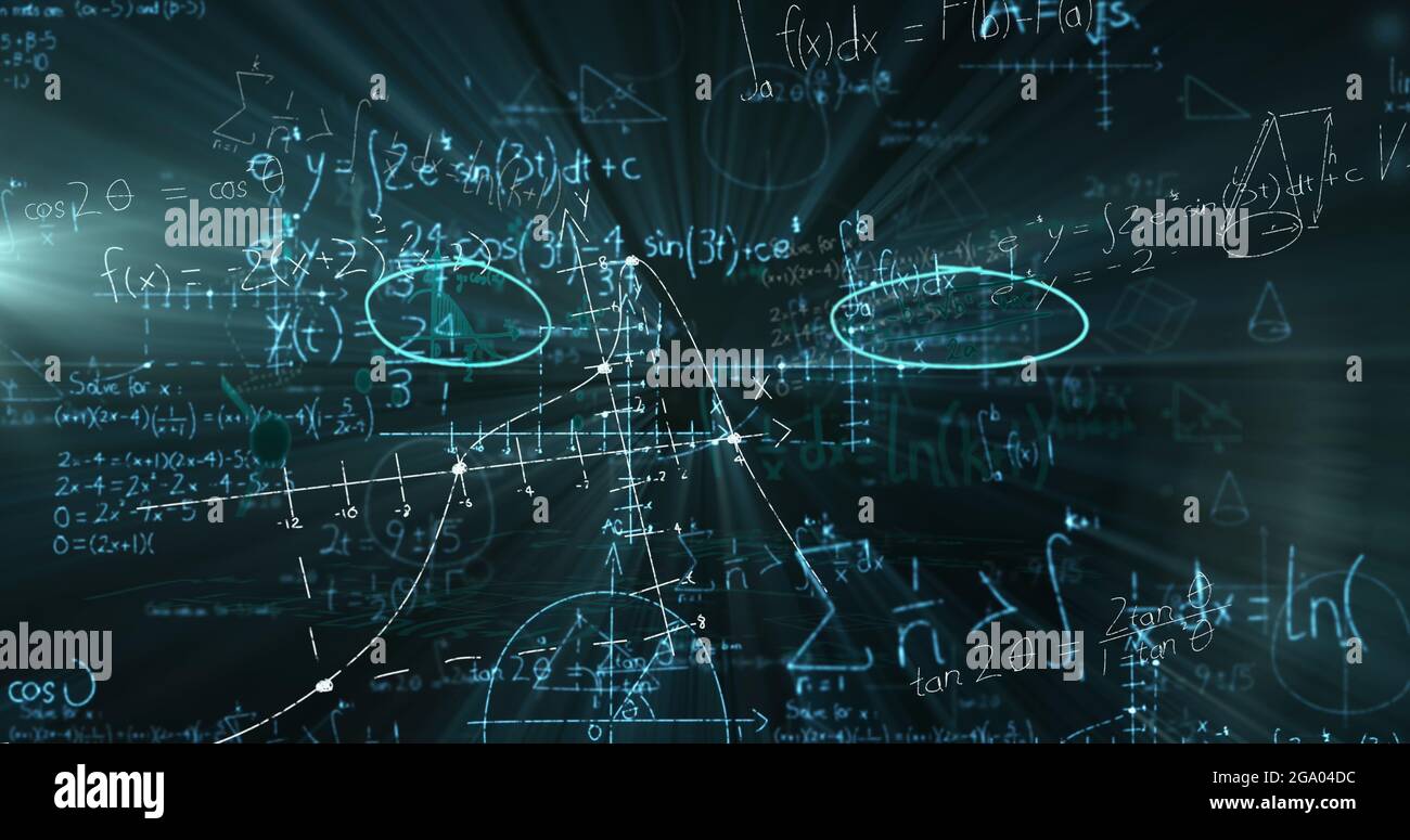 Mathematical equations floating against black background Stock Photo ...