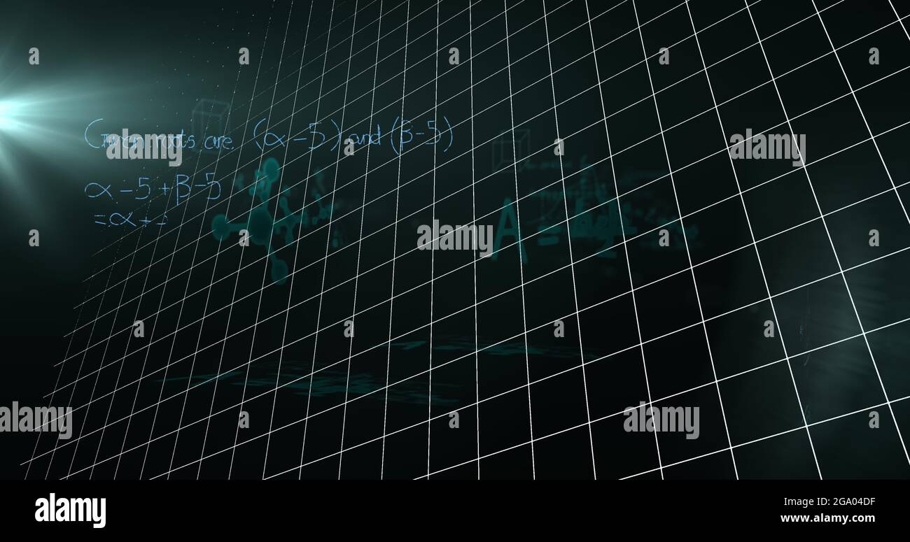 Mathematical equations and diagrams against black background Stock ...