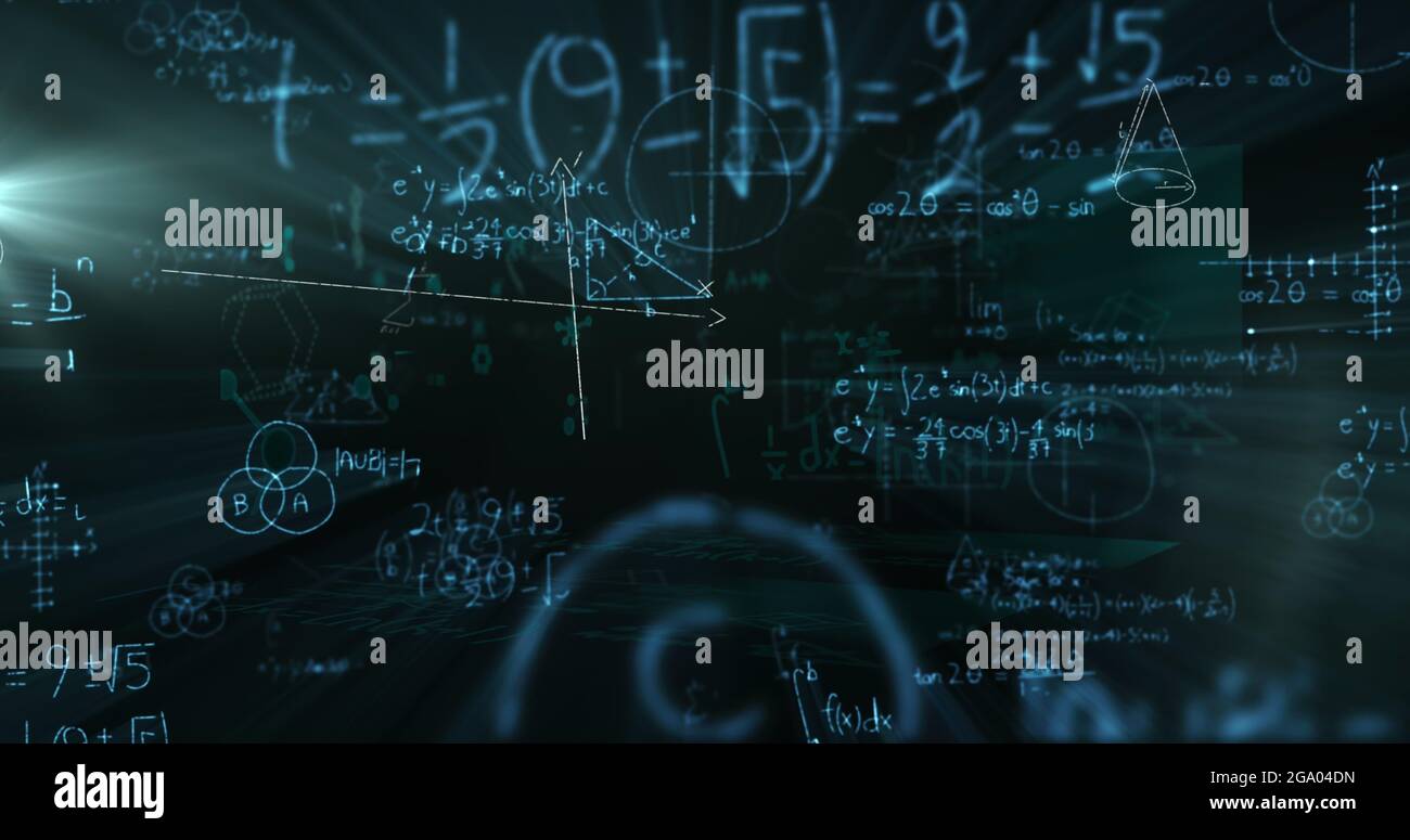 Mathematical equations floating against black background Stock Photo ...