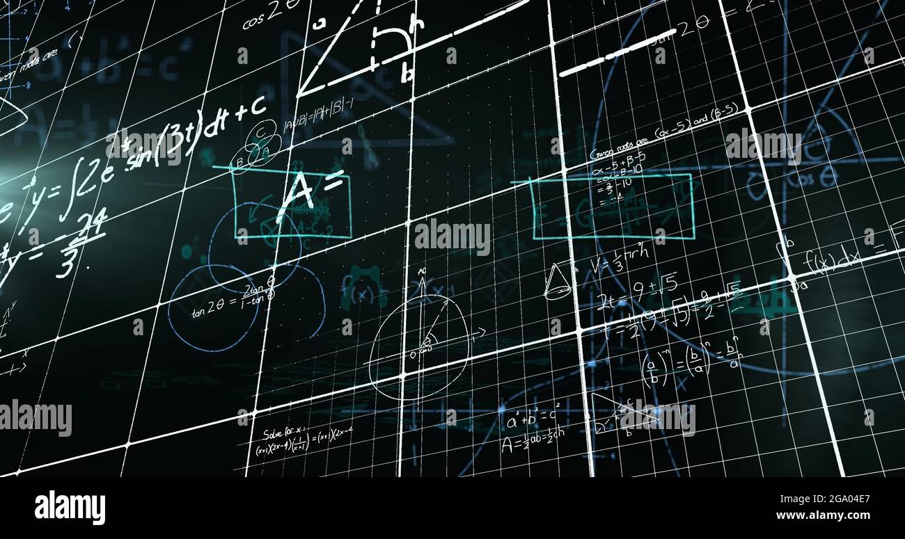 Mathematical equations and diagrams against black background Stock ...