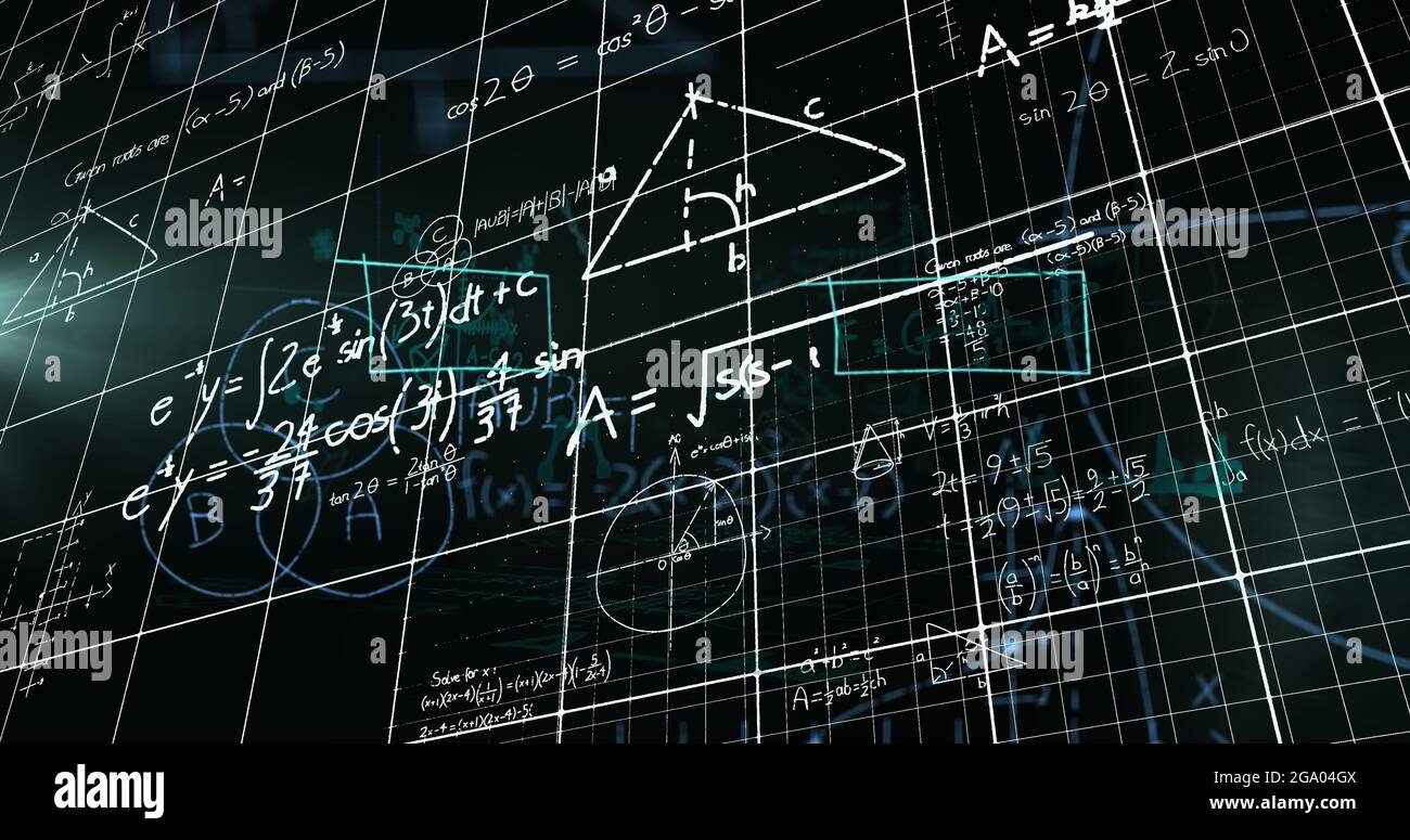 Mathematical equations and diagrams against black background Stock ...