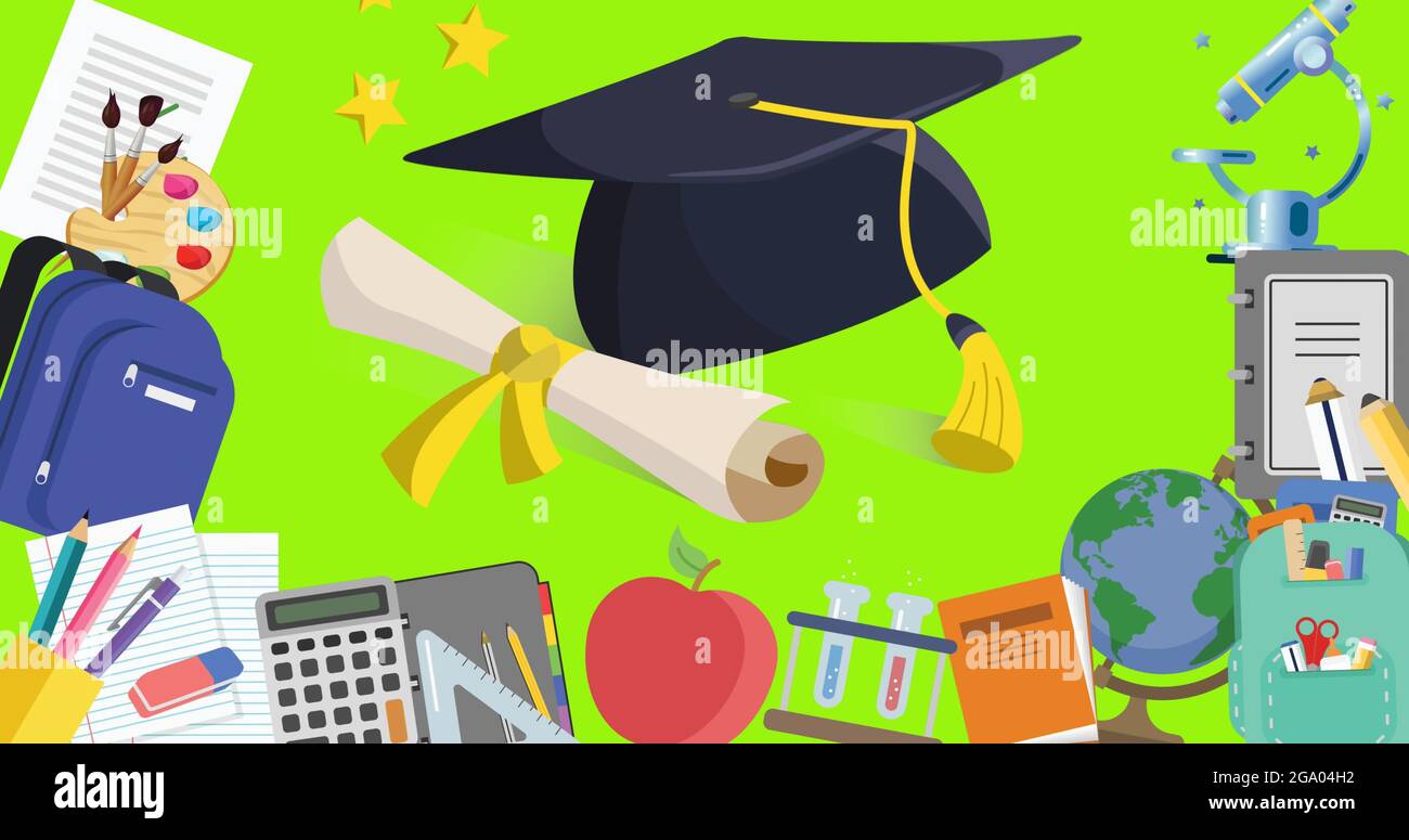 Multiple school concept icons against green background Stock Photo - Alamy