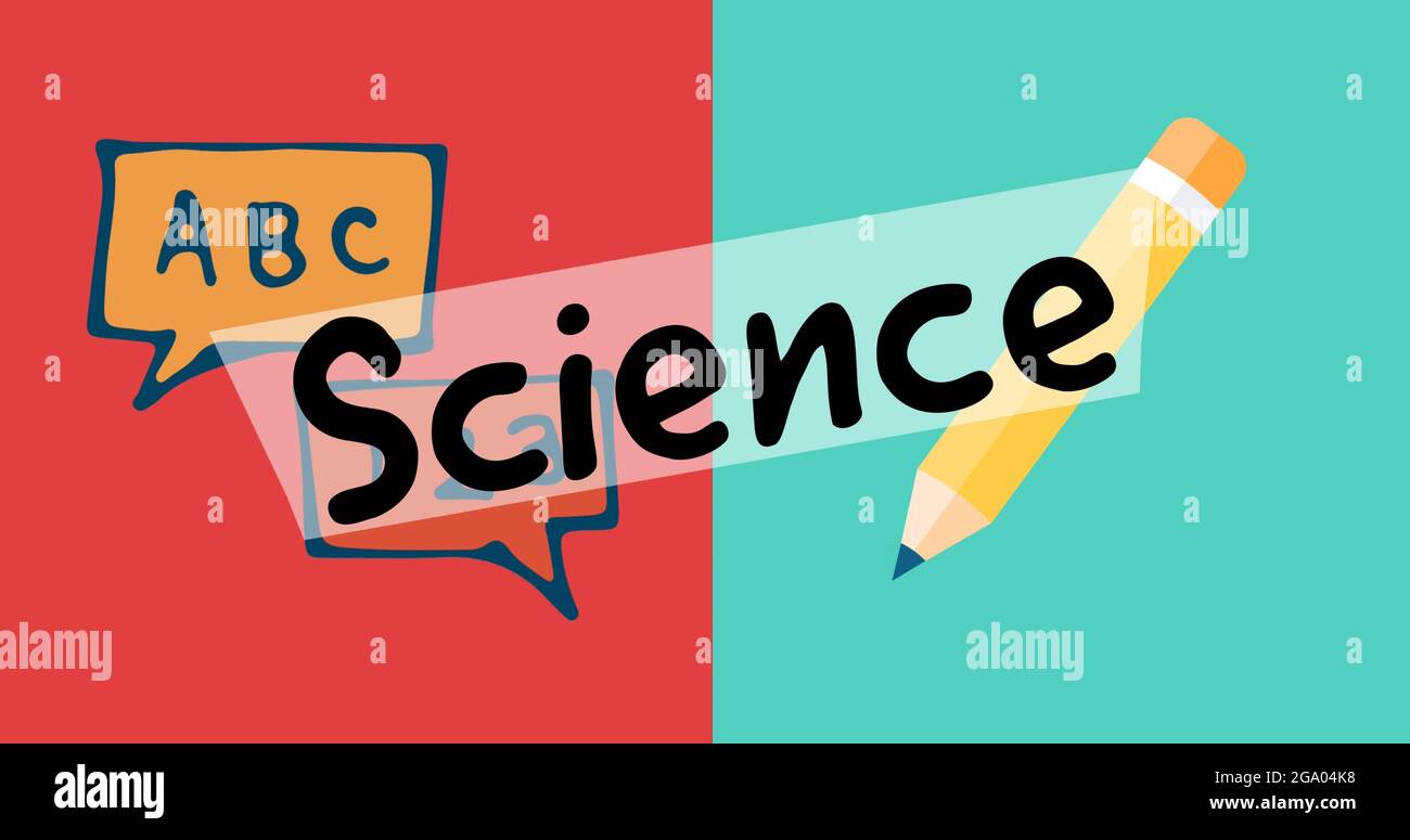 Image of science text over school items icons on green and red ...