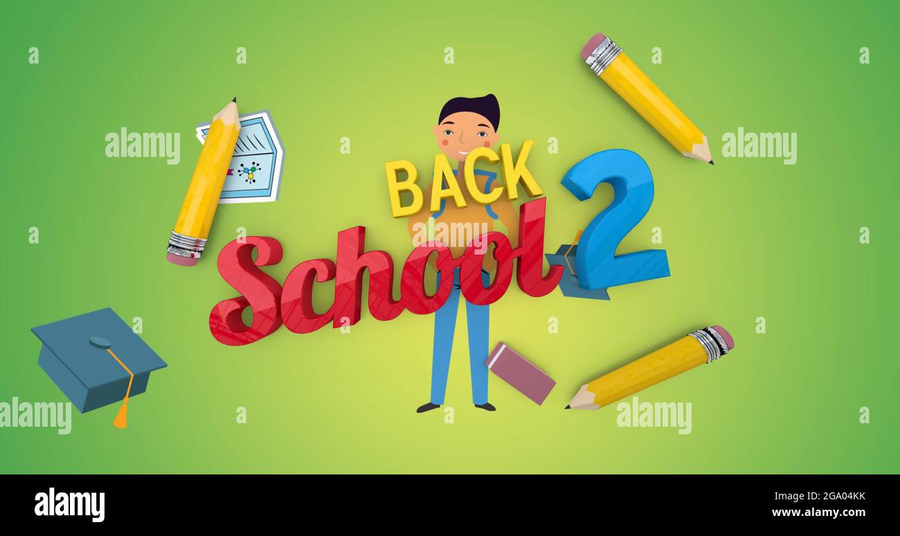 Image of back 2 school text over school items icons on green background ...