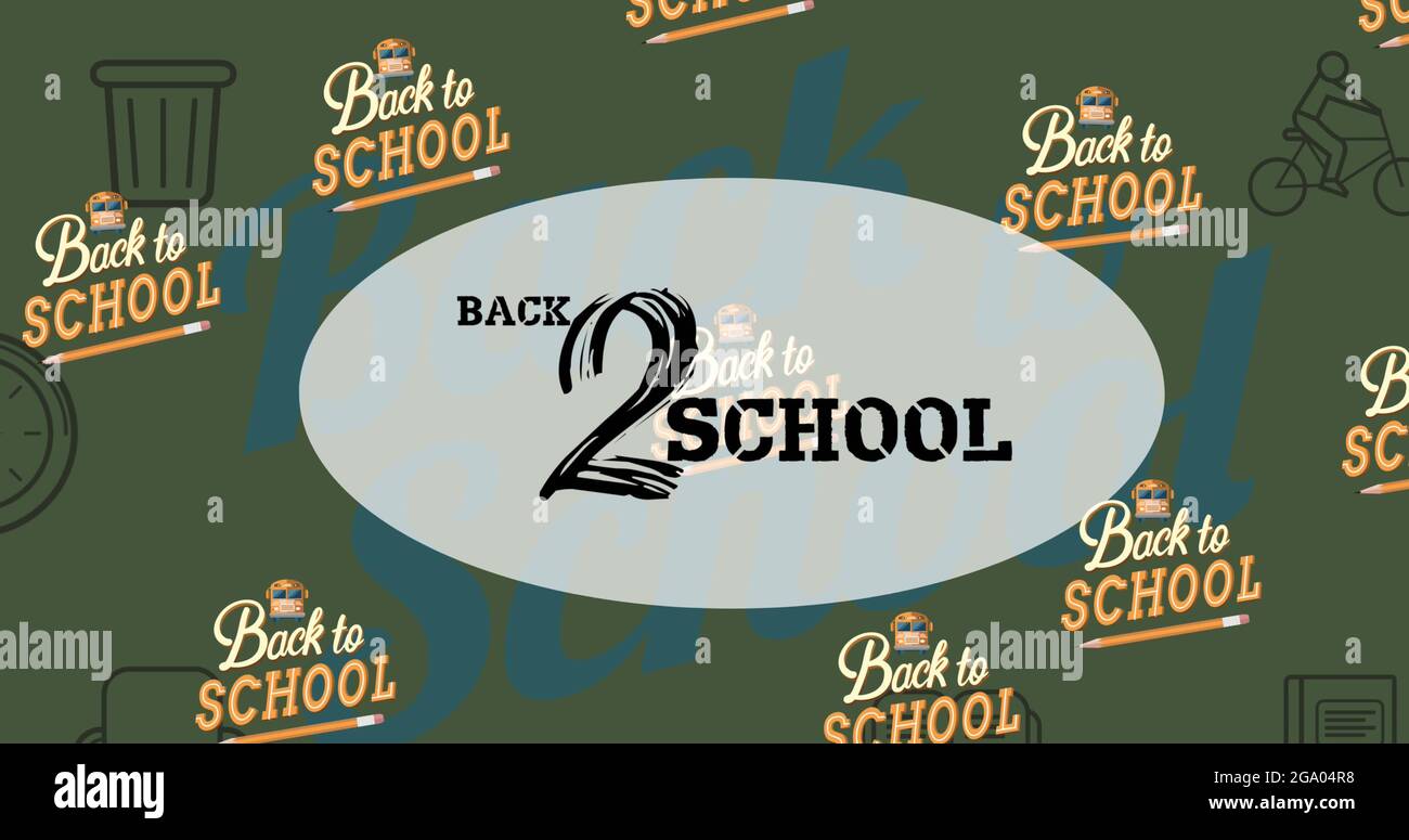 Image of back 2 school text over school items icons on green background ...