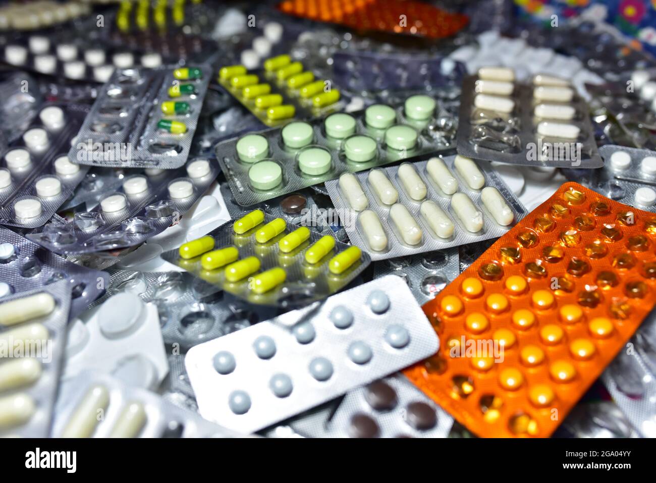 Pills in package and capsule. Colorful tablets and medicines drugs in ...