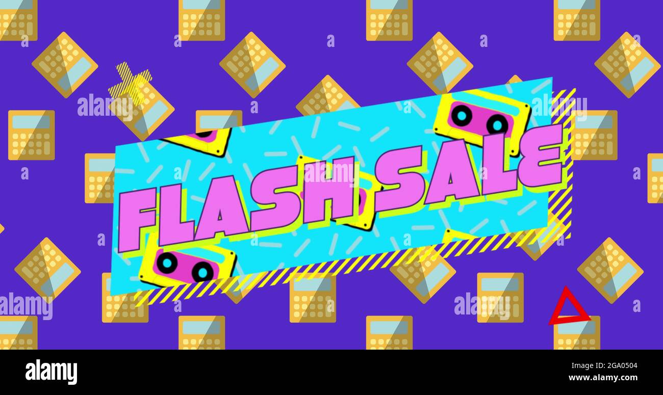Flash sale graphic on blue banner with audio cassettes on purple ...