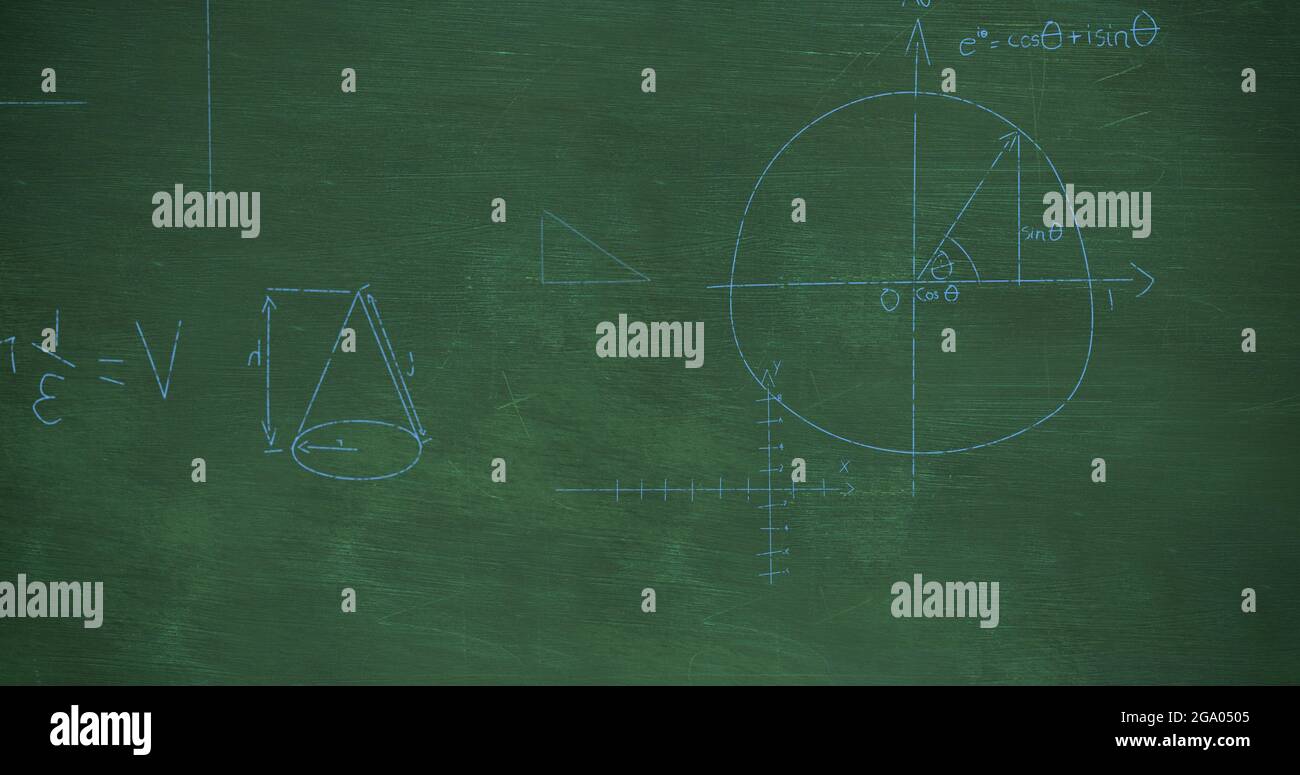Mathmatical equations written in chalk rising from green chalkboard ...
