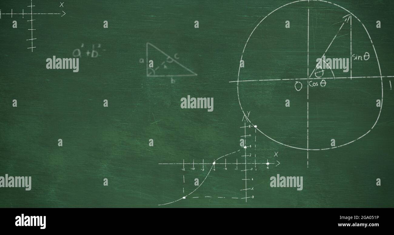 Mathmatical equations written in chalk rising from green chalkboard ...