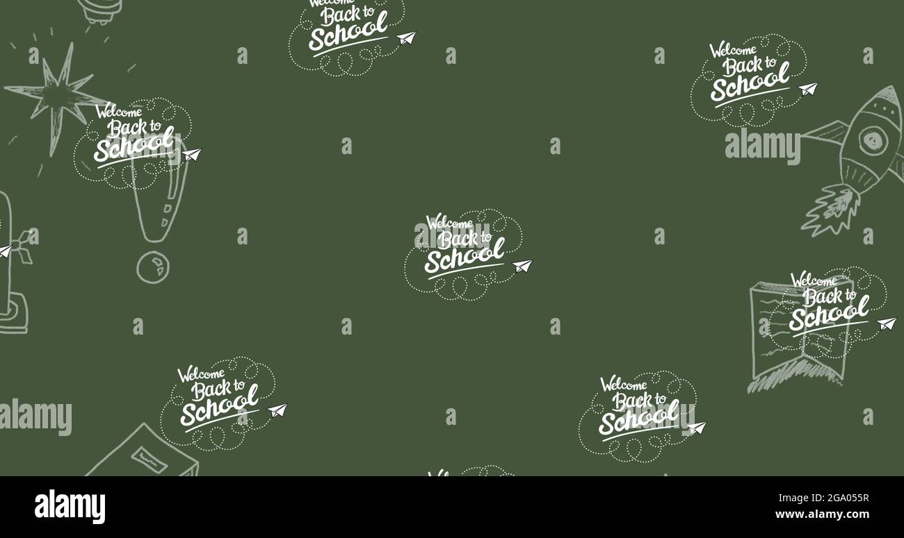 Image of repeated text welcome back to school and paper plane over ...