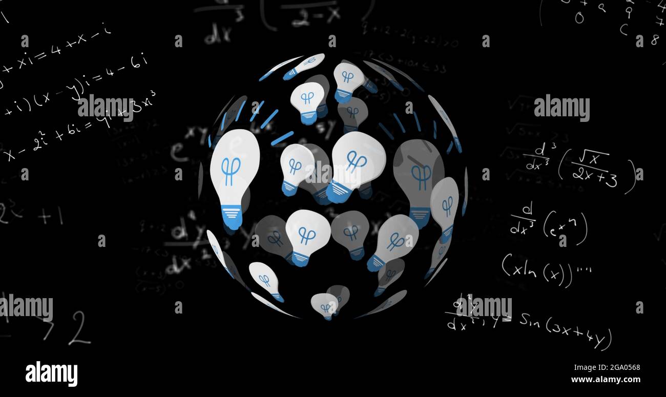 Bulb icons forming a globe spinning against mathematical equations on ...