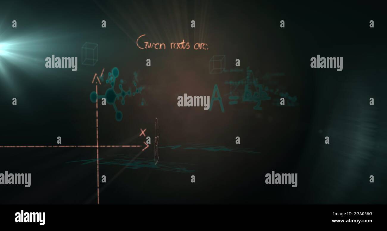 Mathematical equations floating against black background Stock Photo ...