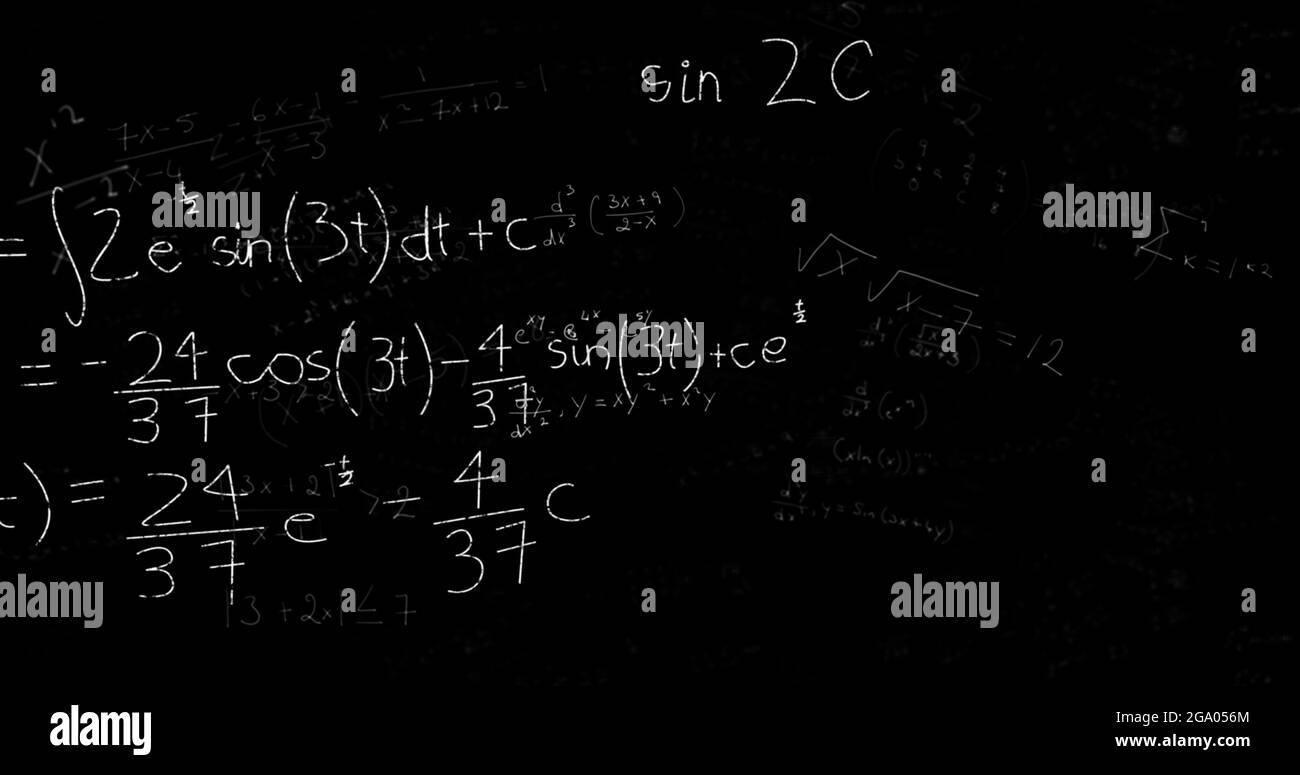 Mathematical equations moving against black background Stock Photo - Alamy