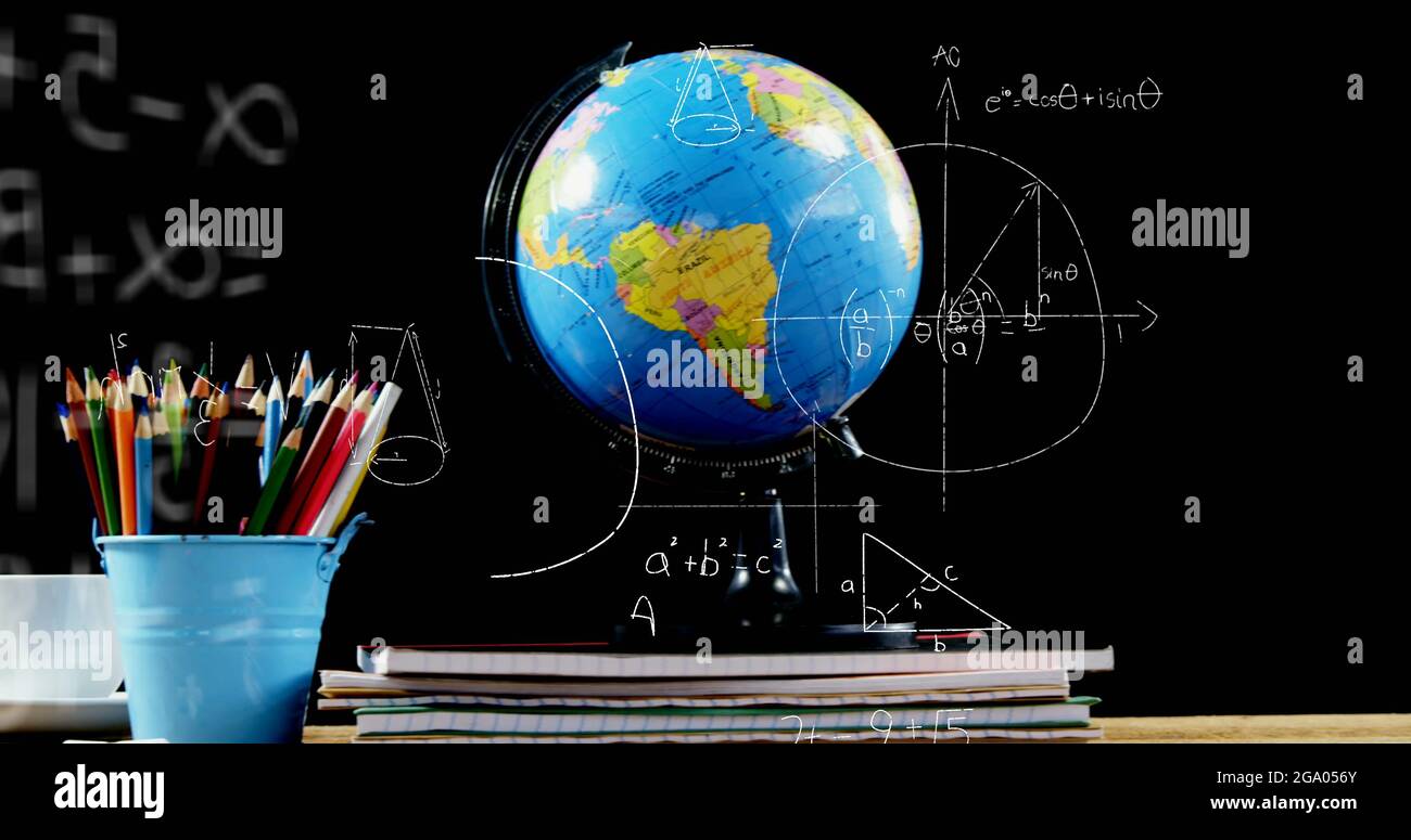 Mathematical equations floating against globe, coffee cup and pencil ...