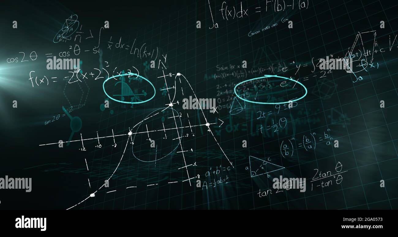 Mathematical equations floating against black background Stock Photo ...