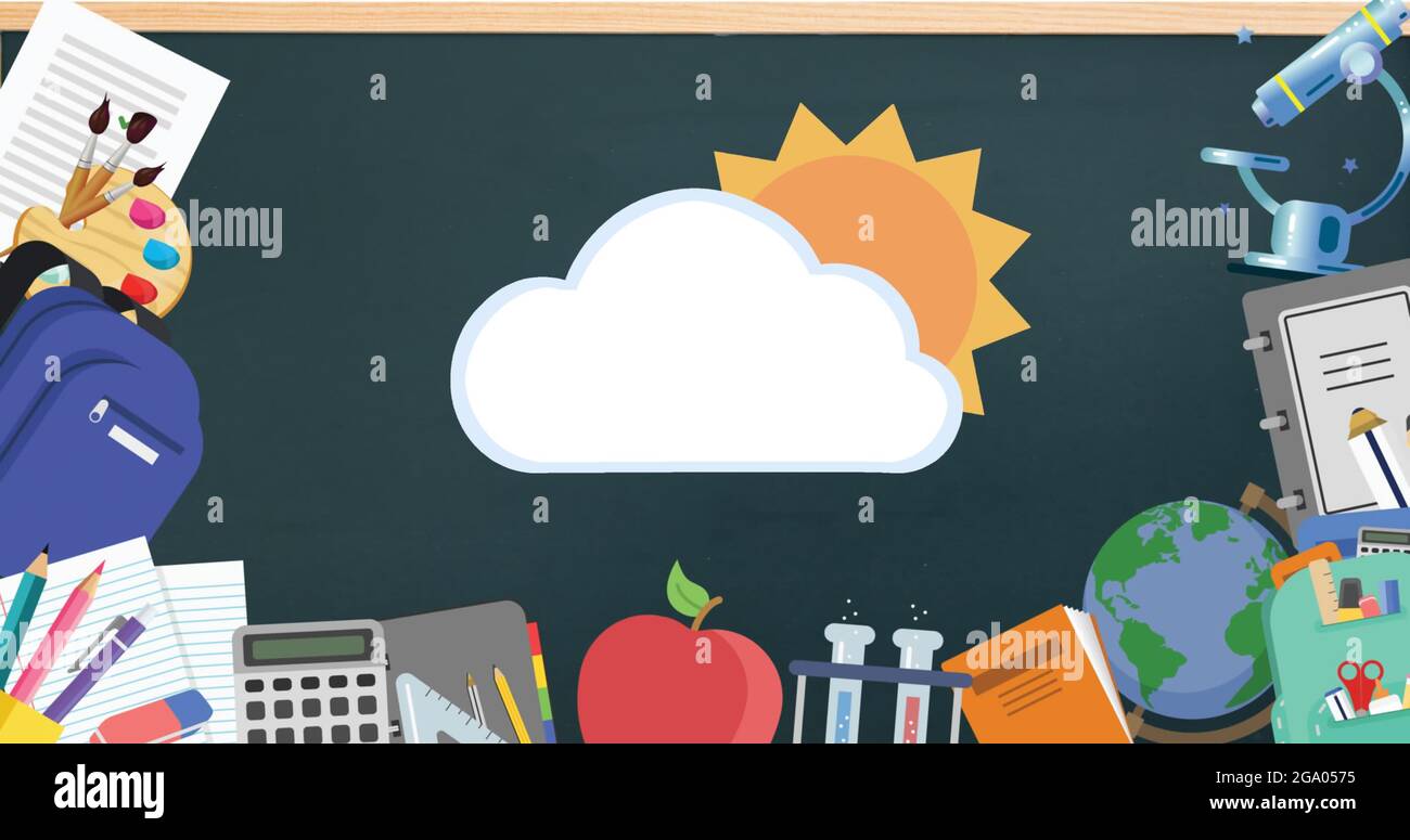 Multiple school concept icons against blackboard Stock Photo - Alamy